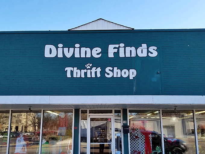 Divine Finds' turquoise exterior practically glows with the promise of unique discoveries hiding behind those glass doors. 
