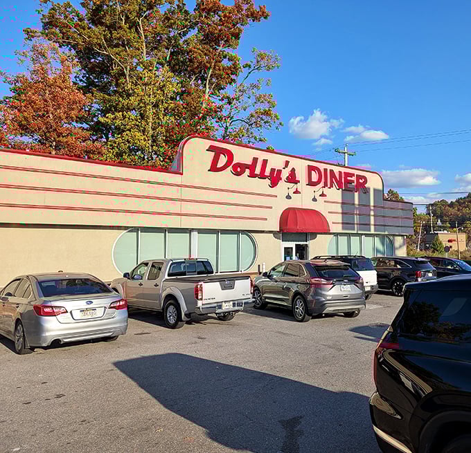 Dolly's Diner's sleek retro curves and bold signage stand out like a '57 Chevy in a parking lot of sedans.