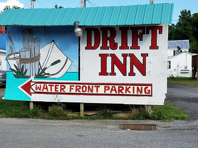 The Drift Inn's colorful sign promises exactly what you'll do&mdash;drift into seafood heaven without a care in the world.