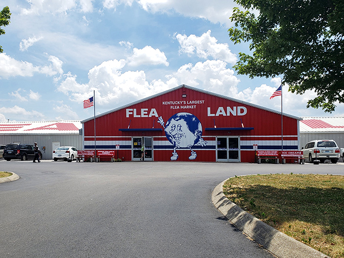 Kentucky's largest flea market wears its title proudly, that grinning mascot promising adventures inside the barn-red building.