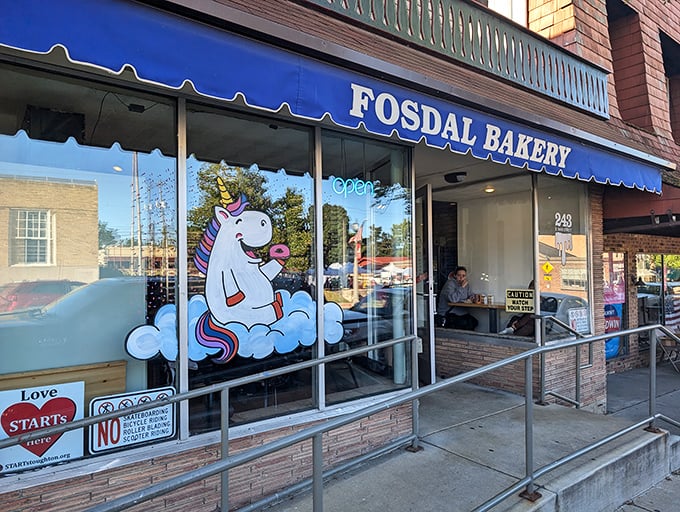 Fosdal's whimsical unicorn window art hints at the magical treats inside. This Stoughton staple knows how to make waiting in line fun.