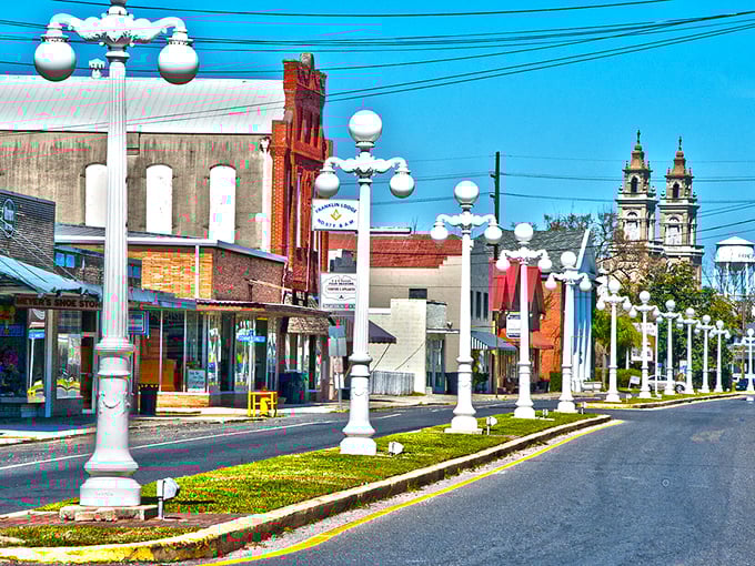 Decorative street lamps illuminate a downtown where history and affordability create the perfect retirement blend.
