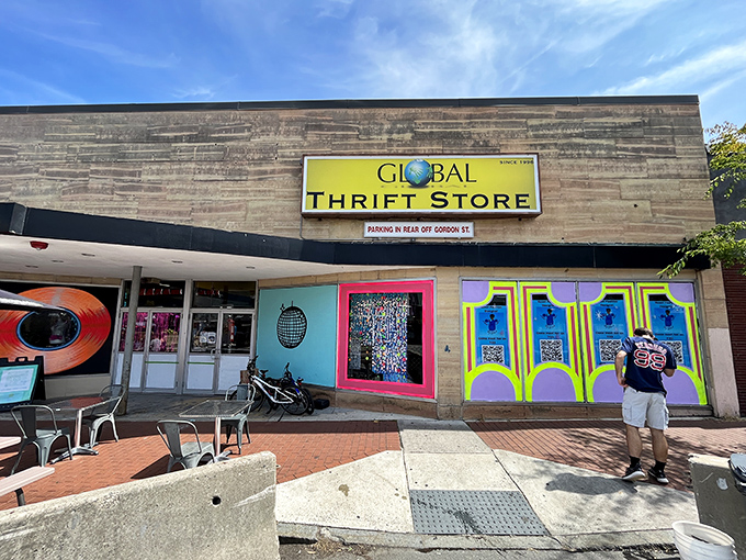 Global Thrift's colorful facade promises international treasures from cultures around the entire world.