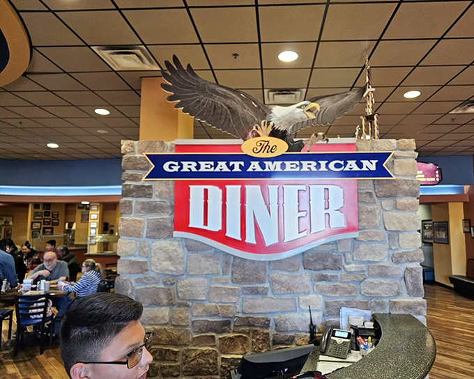 The Great American Diner announces itself with stone and pride, like the culinary equivalent of Mount Rushmore for hungry travelers.