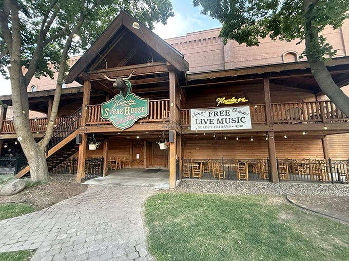 Hamley's rustic wooden exterior and Western-style balcony set the perfect stage for Pendleton's cowboy cuisine experience.