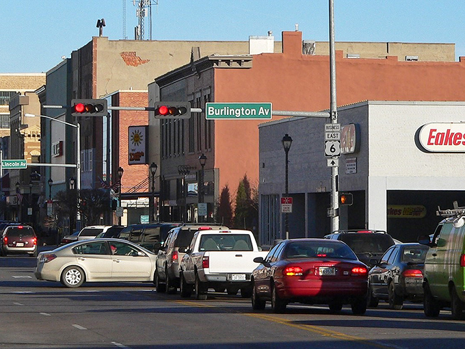 Traffic jam, Hastings style! Where Burlington meets Lincoln, locals practice the fine art of Nebraska patience beneath a sky blue enough to swim in.