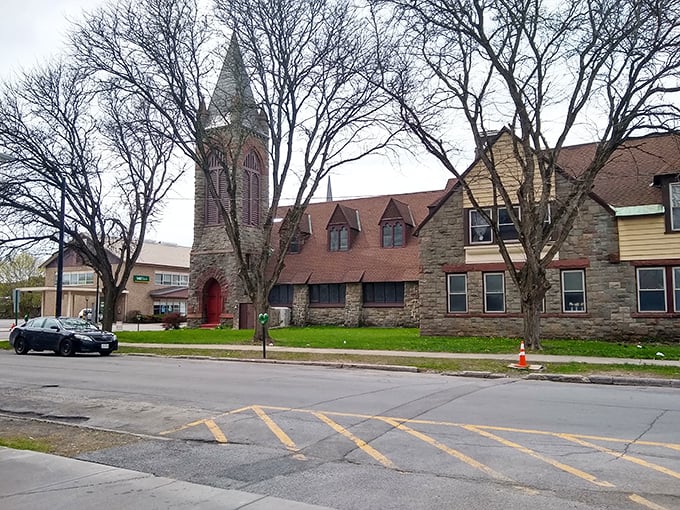 This picturesque main street could be the backdrop for any heartwarming small-town movie scene.