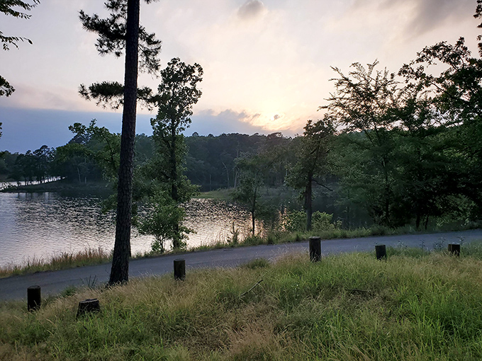 Crystal-clear waters and forested hills create a retreat atmosphere that rivals any expensive mountain getaway destination.