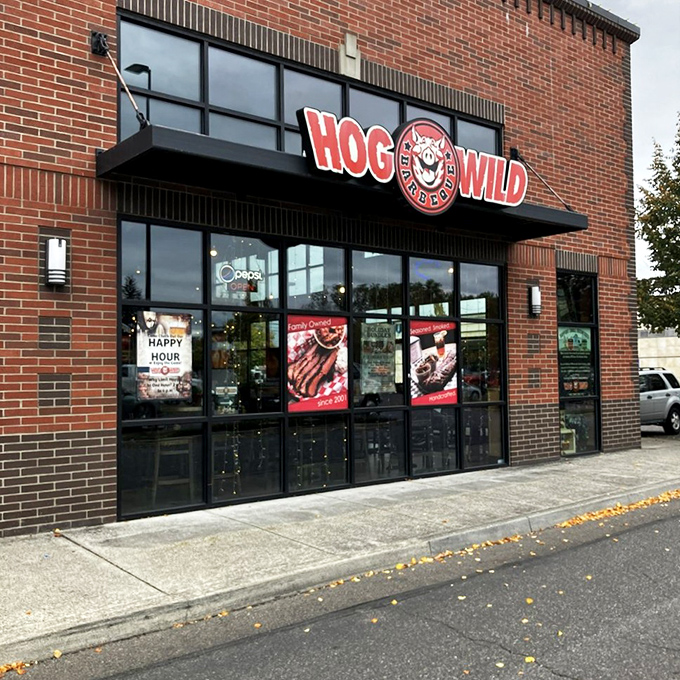 Hog Wild's straightforward storefront doesn't need fancy frills. The bold sign tells you exactly what matters here: serious BBQ business.
