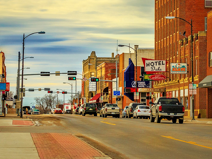 The Hotel Dale sign stands as a colorful landmark in Holdrege's downtown, where modern life moves at a refreshingly manageable pace.