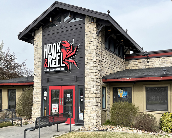 Hook & Reel's rustic exterior promises authentic Louisiana flavors with comfortable, family-friendly vibes.