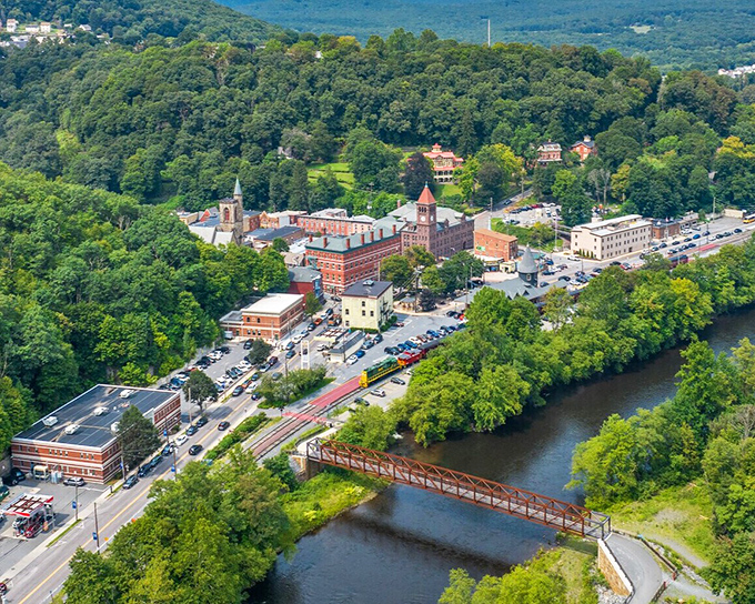 From above, Jim Thorpe looks like someone scattered Victorian jewels across the mountain valley floor.
