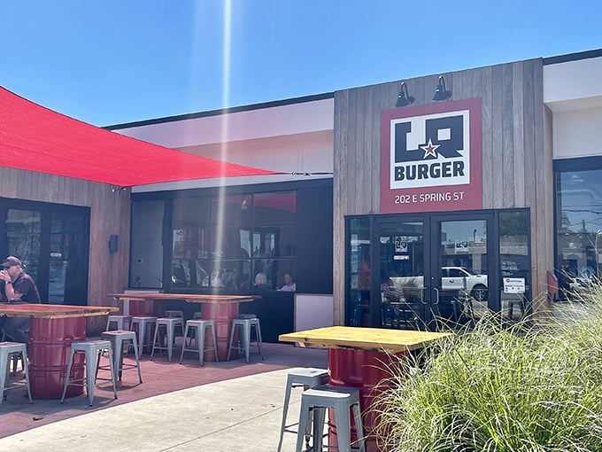 LR Burger's modern wood-and-glass facade signals elevated comfort food in charming small-town Monroe.