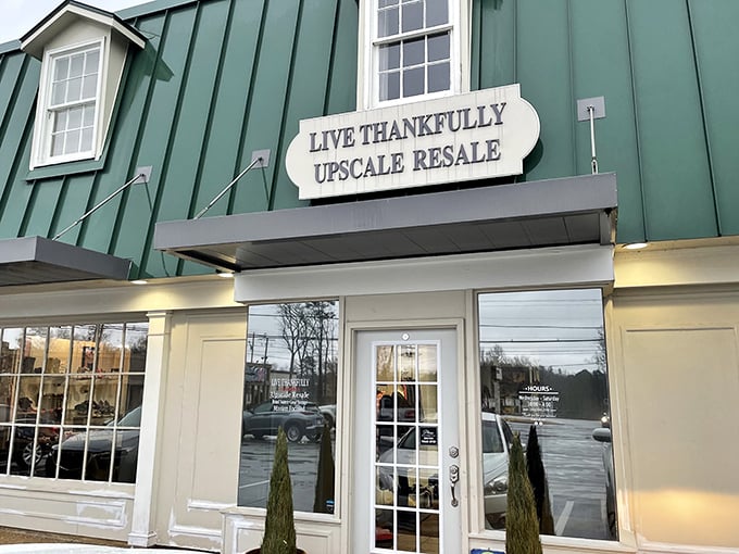 This polished exterior suggests the upscale thrift experience waiting inside where quality trumps quantity every single time.