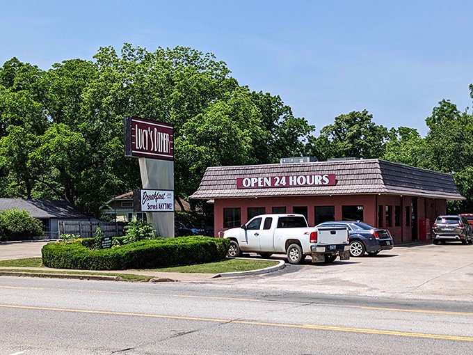 Lucy's Diner (exterior): "Open 24 hours" &ndash; three beautiful words that promise pancakes at midnight and burgers at dawn."