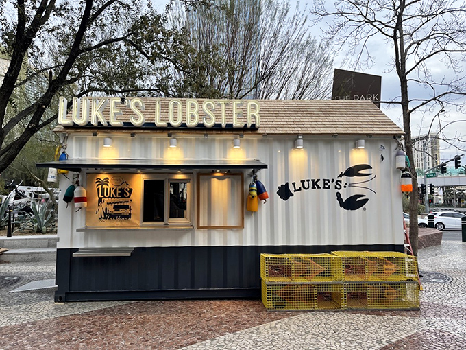 Luke's Lobster's charming shack looks like it floated in from Maine, lobster traps and all!