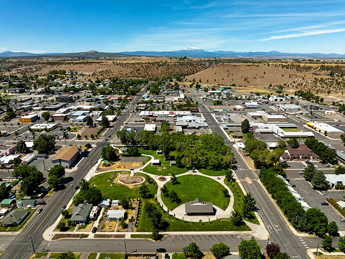Madras from above &ndash; where green parks and orderly streets create an oasis in Oregon's high desert.