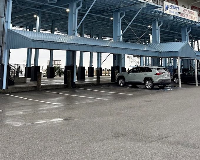 Elevated dining takes on new meaning when your restaurant literally floats above the working harbor below.