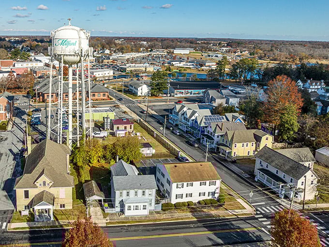 Milford's water tower overlooks a community where retirees find both charm and affordability.