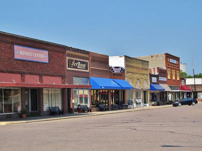 Minden's solid main street architecture reflects the steady character of central Nebraska farming communities.