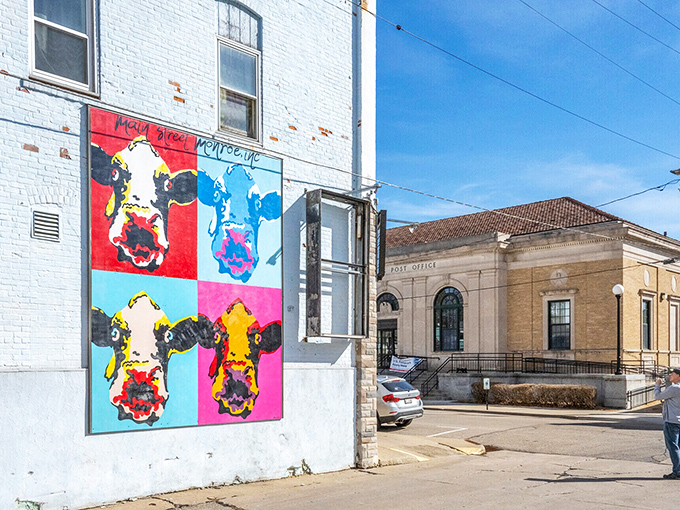 Monroe's colorful downtown buildings house local businesses where residents enjoy Swiss heritage without Swiss price tags.