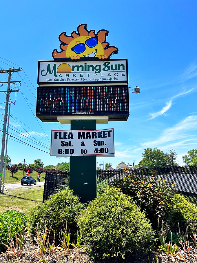 Rise and shine, treasure hunters! Morning Sun Marketplace's cheerful sign promises discoveries as bright as its namesake.