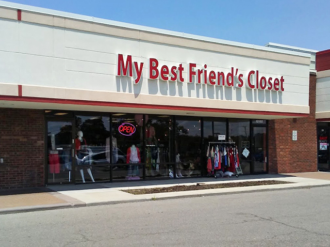 Bright red letters announce a shopping destination where fashion meets frugality in the most delightful way imaginable here.