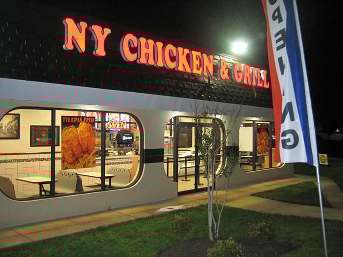 NY Chicken & Grill's distinctive rounded windows frame a world where New York attitude meets Maryland hospitality.