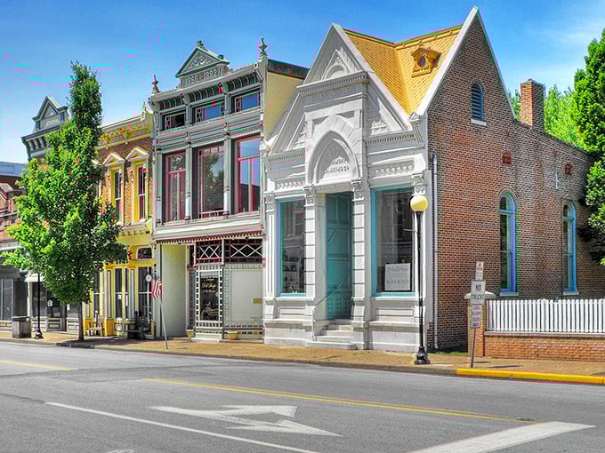 New Harmony's colorful Victorian houses create a rainbow of architectural styles along tree-lined residential streets.