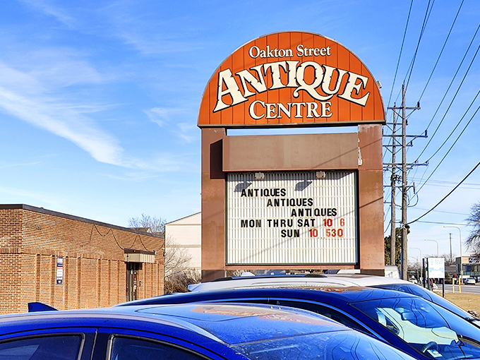 Oakton Street's bold signage announces serious antique business - this is where dedicated treasure hunters come to play.