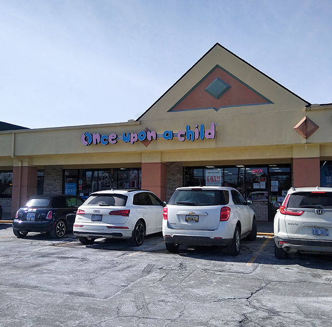 Once Upon A Child's whimsical storefront hints at the kid-focused wonderland inside&mdash;where outfitting growing children won't require a second mortgage.