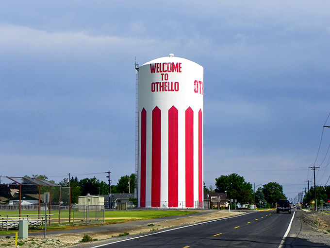 Othello's iconic water tower welcomes visitors like a friendly giant painted in patriotic stripes.