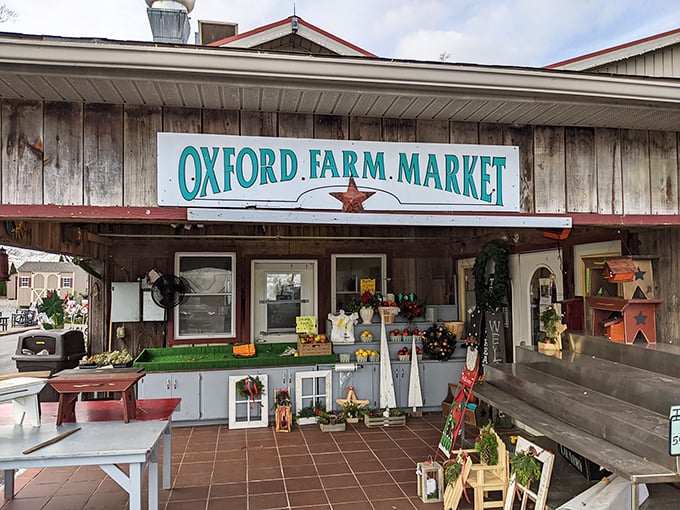 Oxford Farmers Market's weathered wood exterior tells stories of seasons past. Where shopping feels like visiting your most talented neighbor's kitchen.