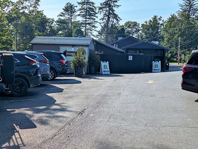 The dark, mysterious exterior only adds to the anticipation of discovering what pizza magic awaits inside.