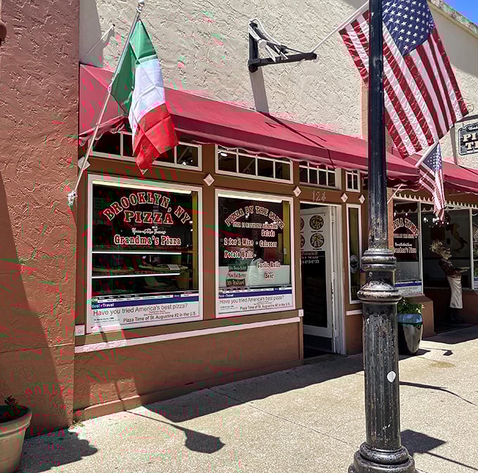 Pizza Time's patriotic storefront brings Brooklyn attitude to St. Augustine's historic streets. Where New York meets the Nation's Oldest City!