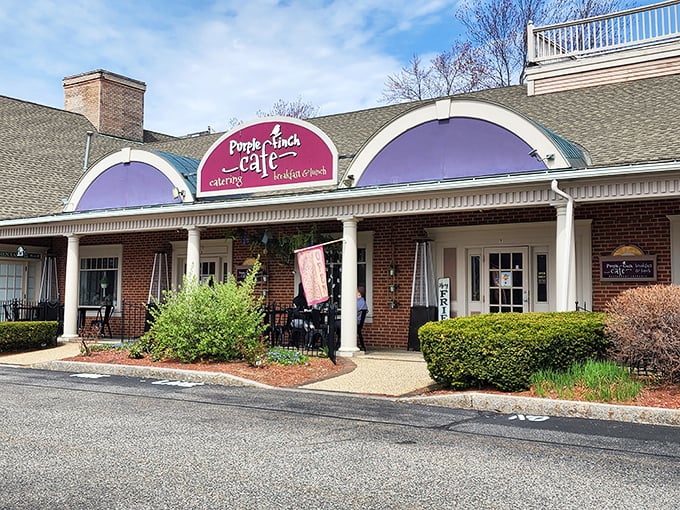 Purple awnings promise colorful breakfast adventures where healthy meets delicious in Bedford's most cheerful morning spot.