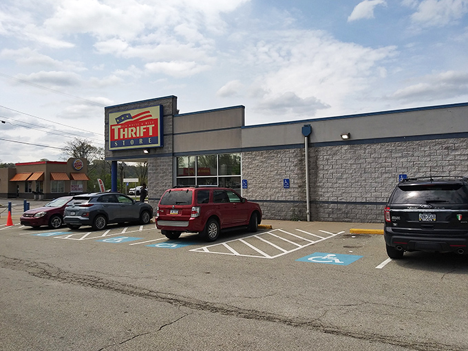 Red, white, and blue patriotic colors announce a store where American bargain hunting reaches epic proportions.