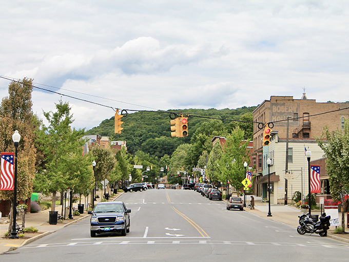 Forest-framed streets create natural galleries where every season paints a different masterpiece on the landscape.