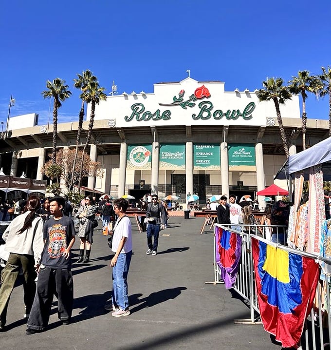 The Rose Bowl becomes a shopper's stadium where thousands gather for the ultimate flea market championship experience.