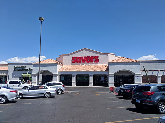 Savers' Spanish-inspired architecture houses a desert oasis of deals. The red sign promises salvation for both your style and your savings account.
