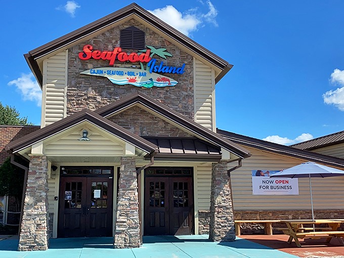 Seafood Island's rustic charm suggests tropical flavors and island vibes, proving paradise can exist in suburban Kansas shopping centers.