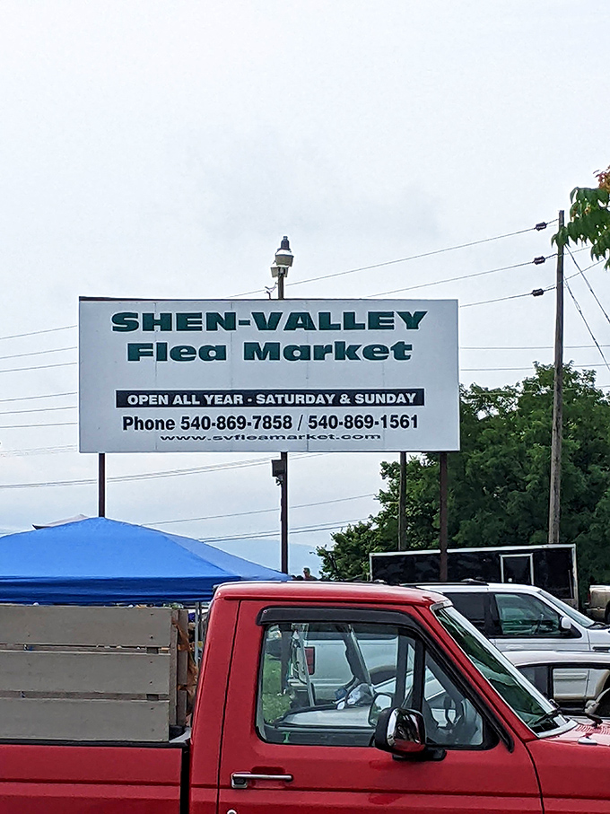 The Shen-Valley Flea Market sign stands tall against Virginia's sky&mdash;a beacon for weekend treasure hunters.