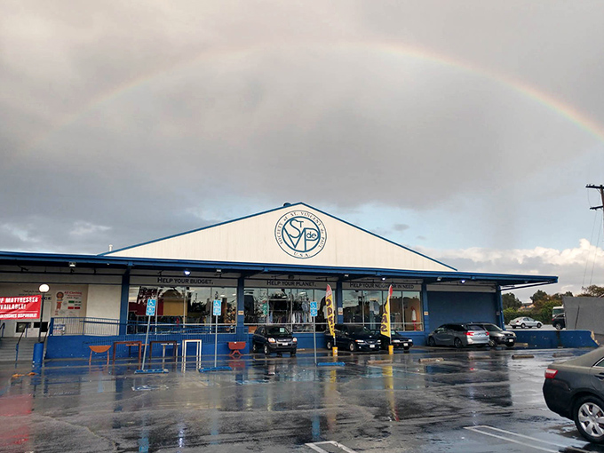 St. Vincent de Paul's blue and white storefront radiates community spirit - where charity meets incredible deals daily.