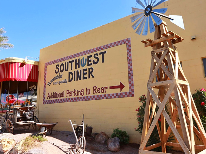 Southwest Diner's windmill and desert-themed exterior transports you to Nevada's rustic past.