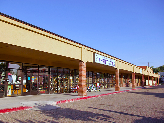 The classic strip mall setup houses serious thrifting potential behind that unassuming brick facade.