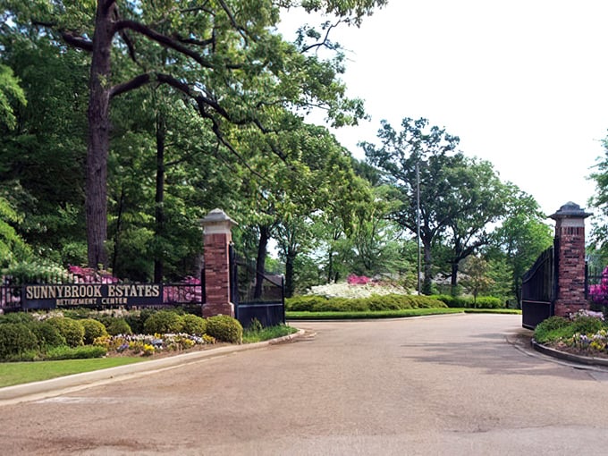 Sunnybrook's entrance announces itself with the confidence of a place that knows exactly what retirement should feel like.