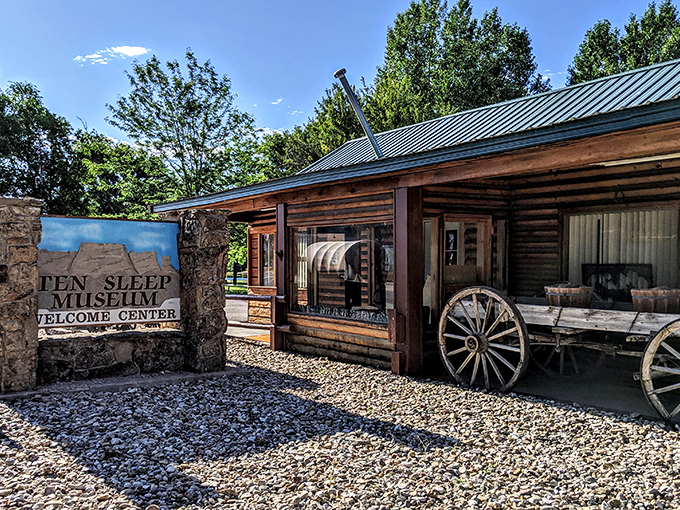 Ten Sleep's weathered log cabin whispers stories of pioneer grit amid Wyoming's rugged landscape.