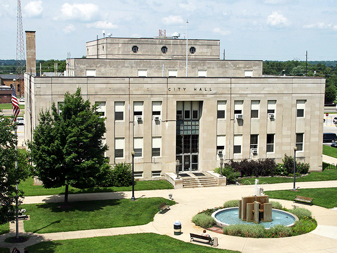 Terre Haute's City Hall plaza creates an urban oasis, where fountains and greenery soften the municipal landscape.