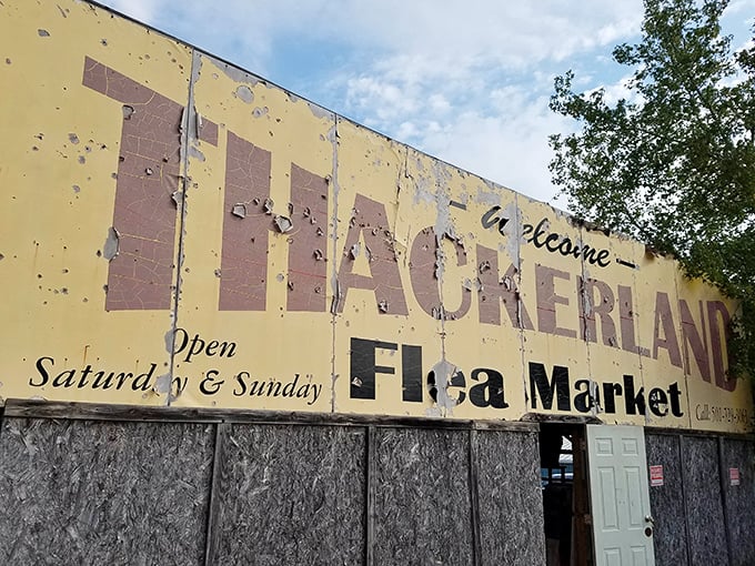 That weathered yellow sign has welcomed bargain hunters longer than some marriages have lasted around here.