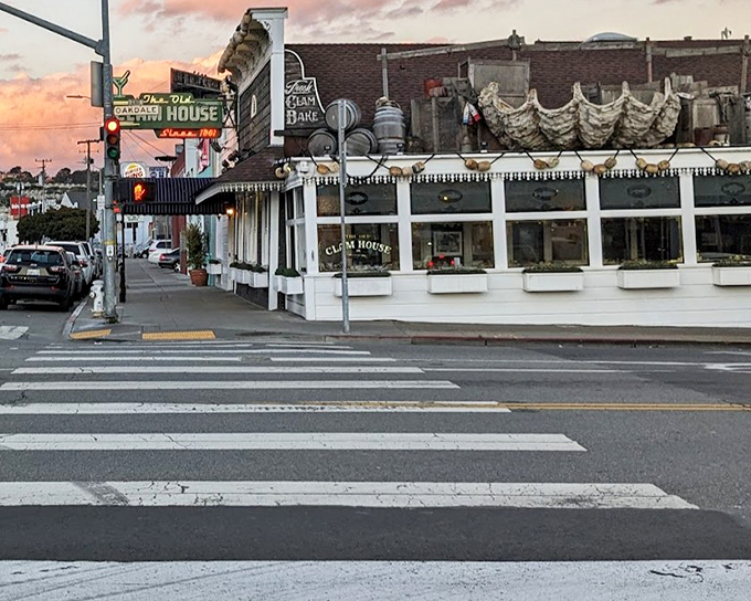 The Old Clam House at sunset &ndash; where history and incredible seafood have been served side by side since 1861.